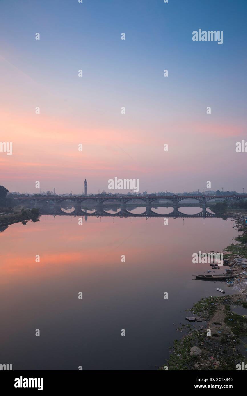India, Uttar Pradesh, Lucknow, Washing drying on banks of Gomti River ...