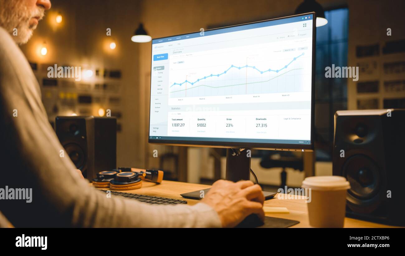 Late Evening Business Office: Professional Analyst Works on Desktop ...