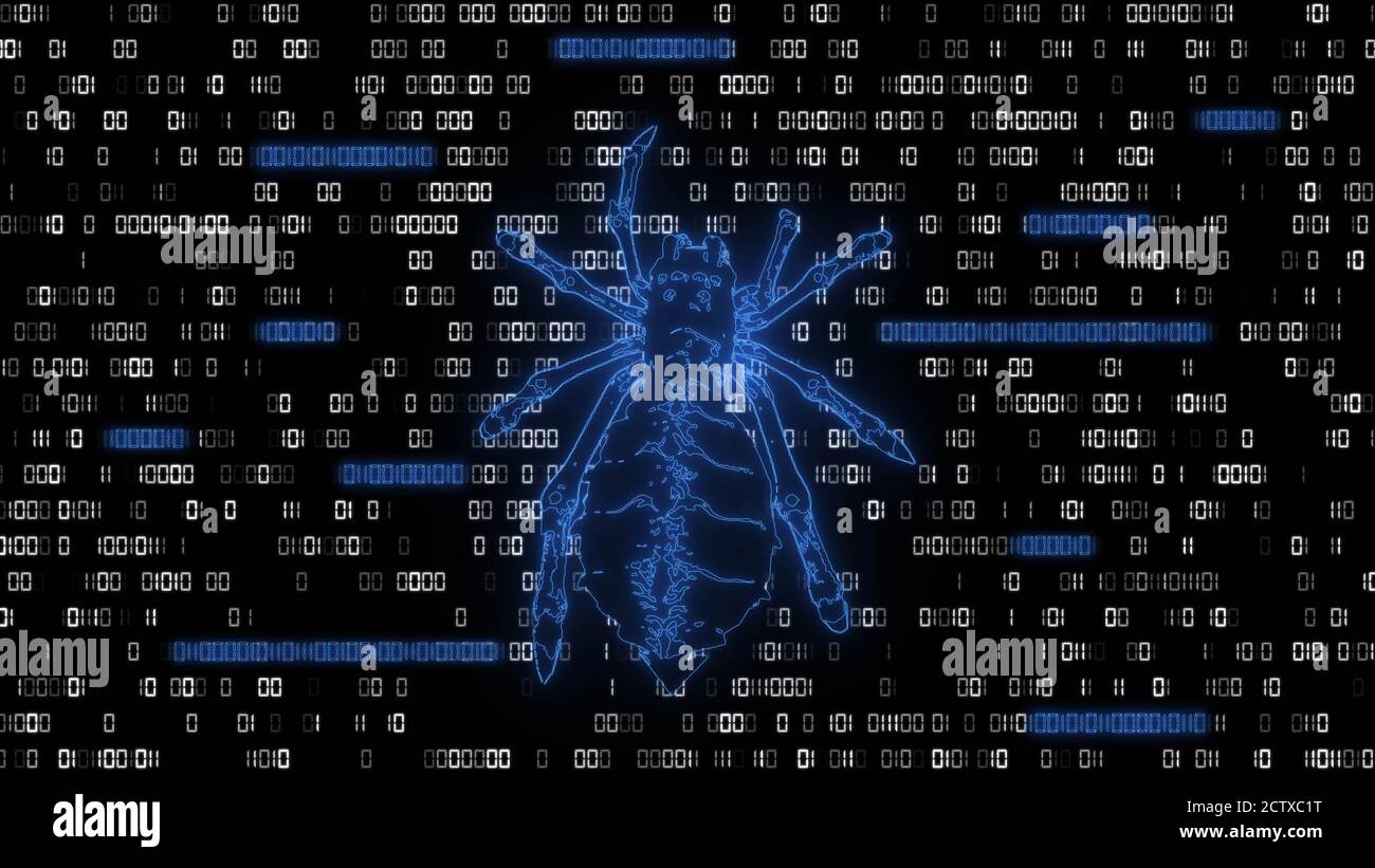 Dangerous bright blue low poly spider over binary code background ...