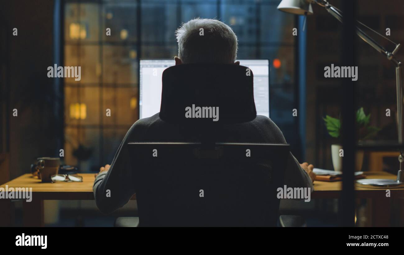 Back view Shot of the Businessman Sitting at His Desk Using Desktop ...