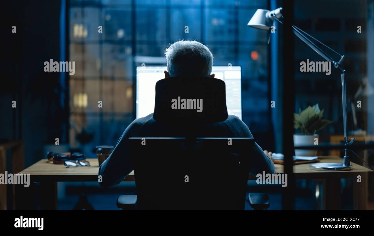 Back view Shot of the Businessman Sitting at His Desk Using Desktop ...