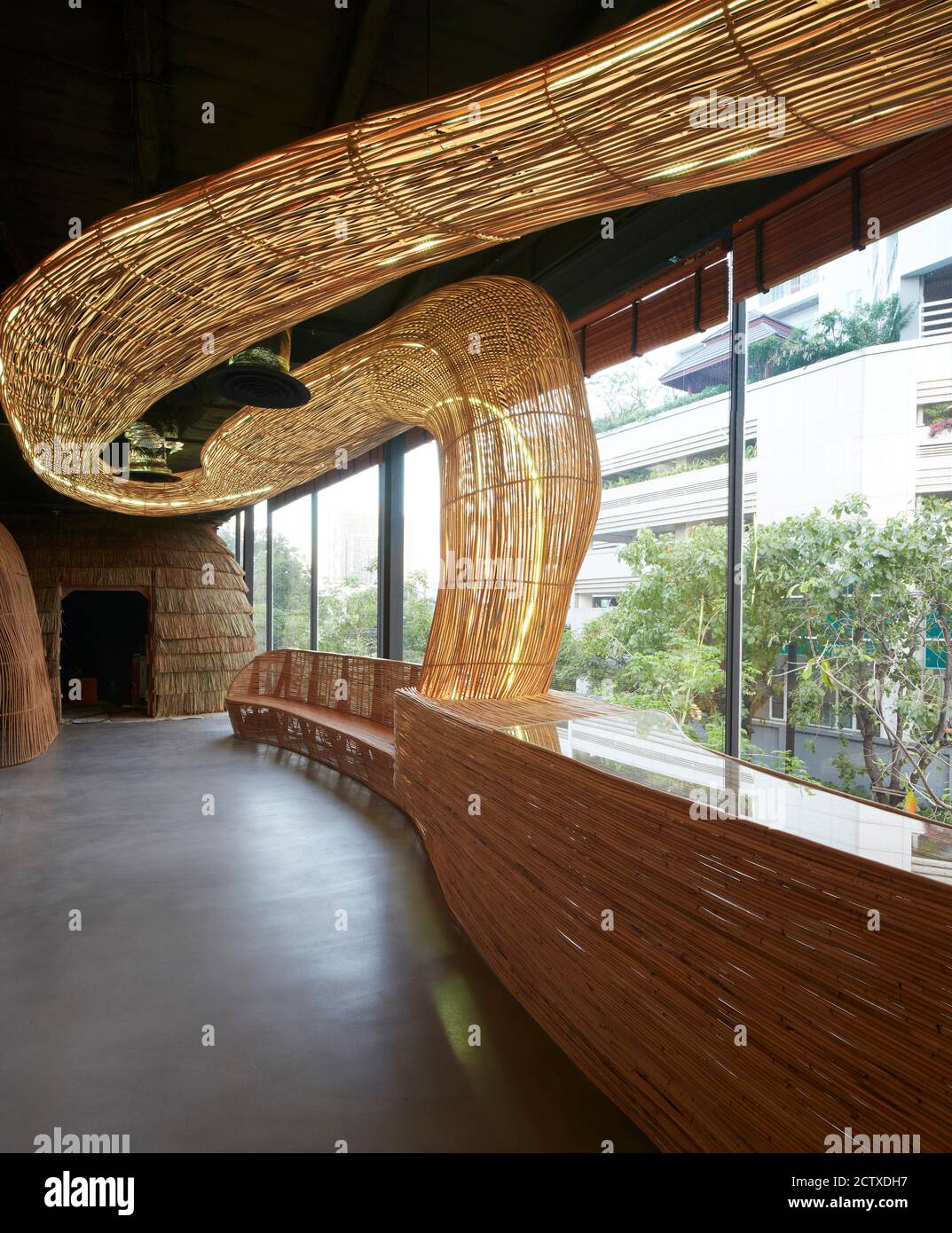 Reception area with sculptural rattan structures. Vikasa Yoga Centre ...