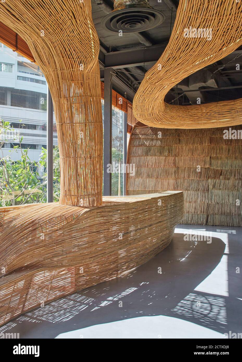 Reception area with rattan structures. Vikasa Yoga Centre, Bangkok ...