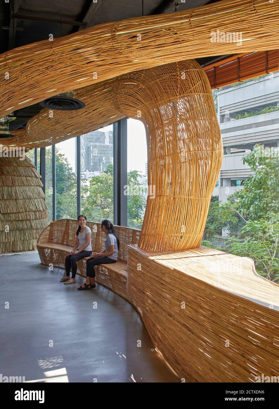 Reception area with sculptural rattan structures. Vikasa Yoga Centre ...