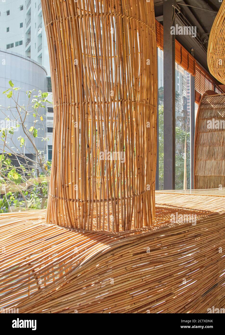 Reception area with sculptural rattan structures. Vikasa Yoga Centre ...