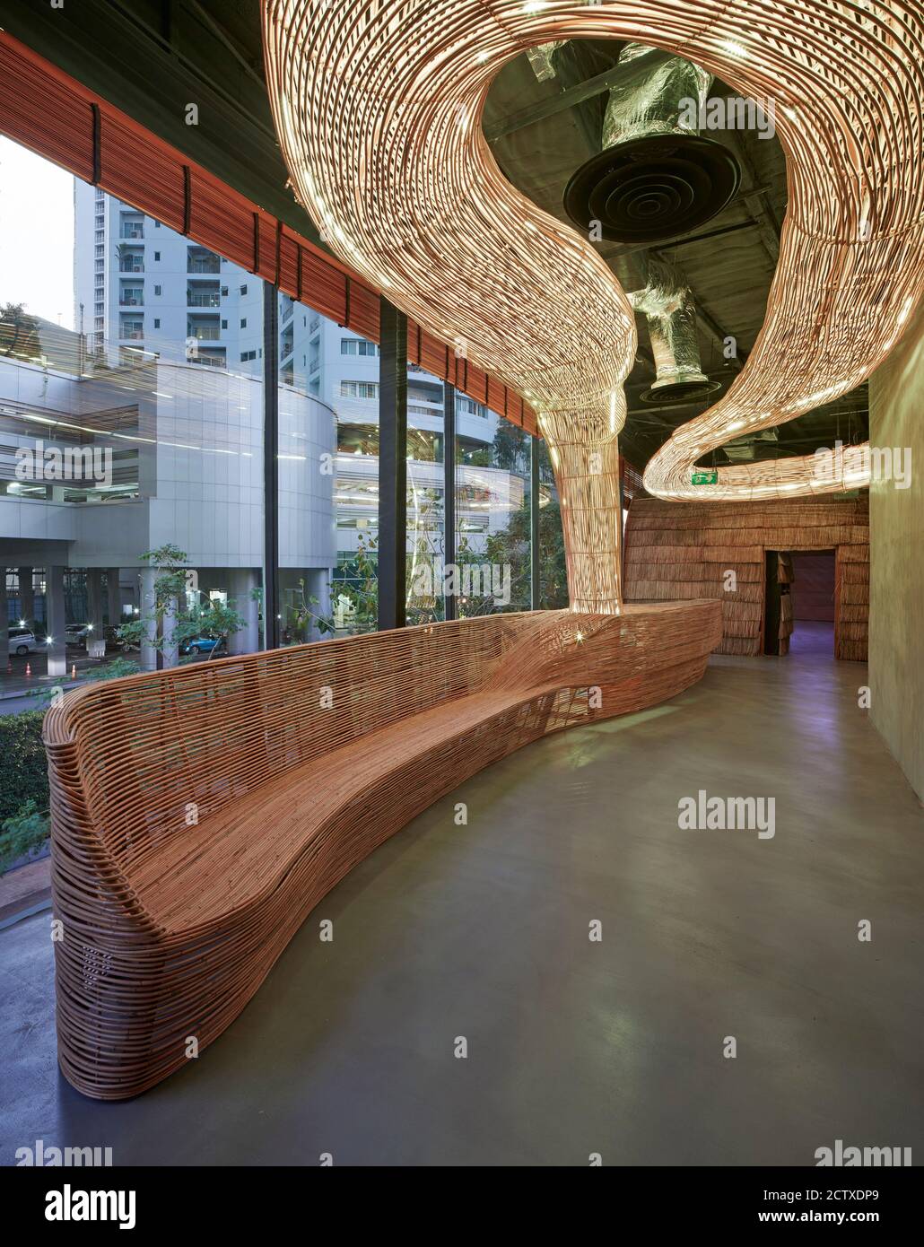 Reception area with sculptural rattan structures. Vikasa Yoga Centre ...