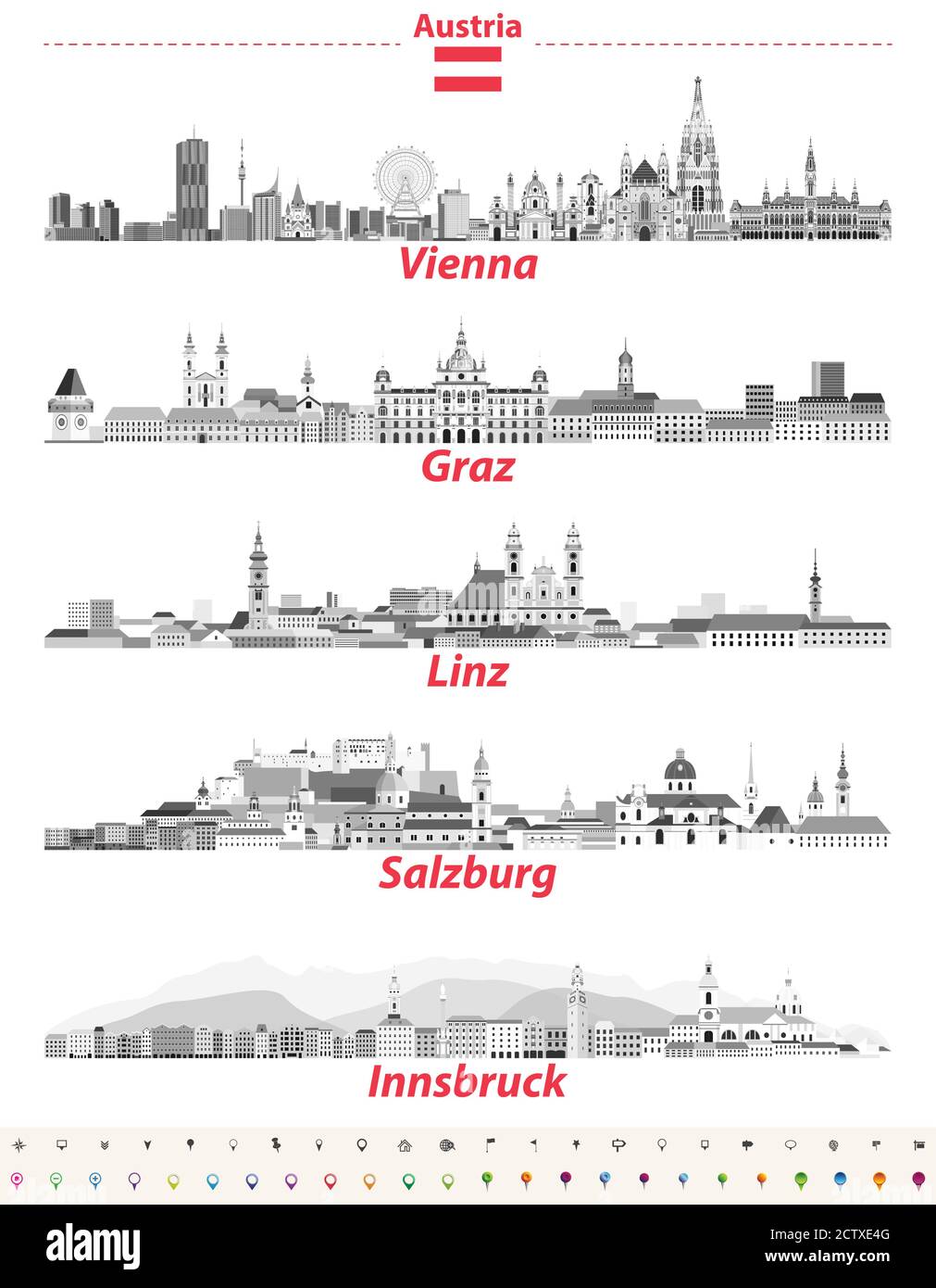 Austria cities panoramic cityscapes vector illustrations in black and ...
