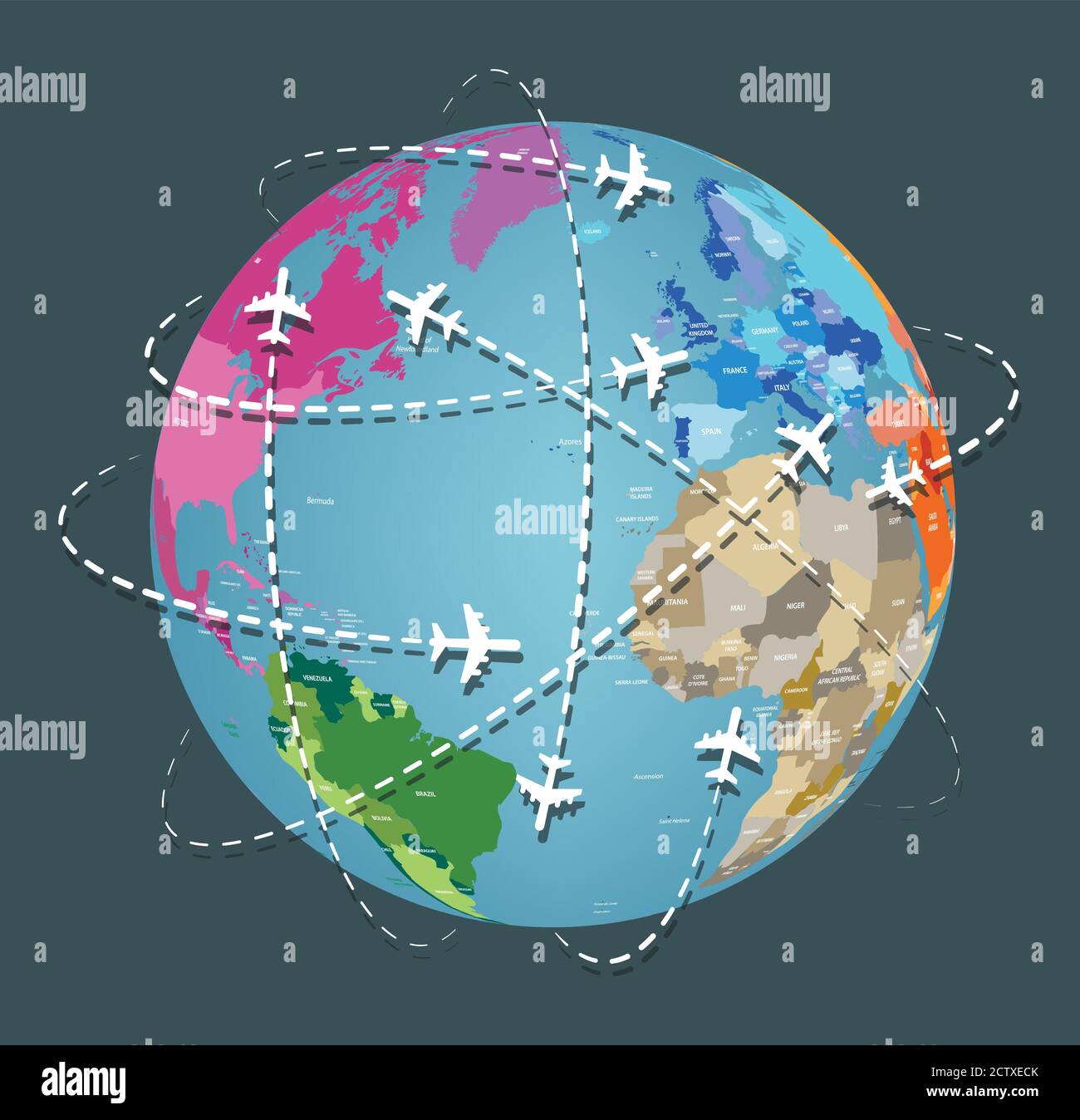 Vector Earth planet with flying airplanes' dotted path on it Stock ...