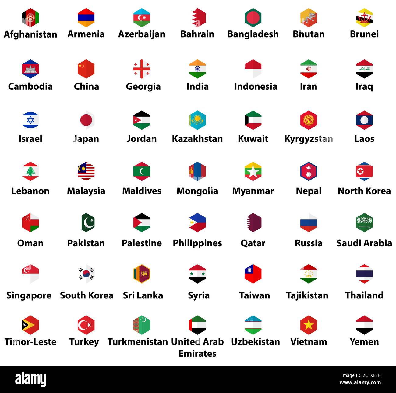 Asia all countries' flags. Hexagon isolated flat style design icons set ...