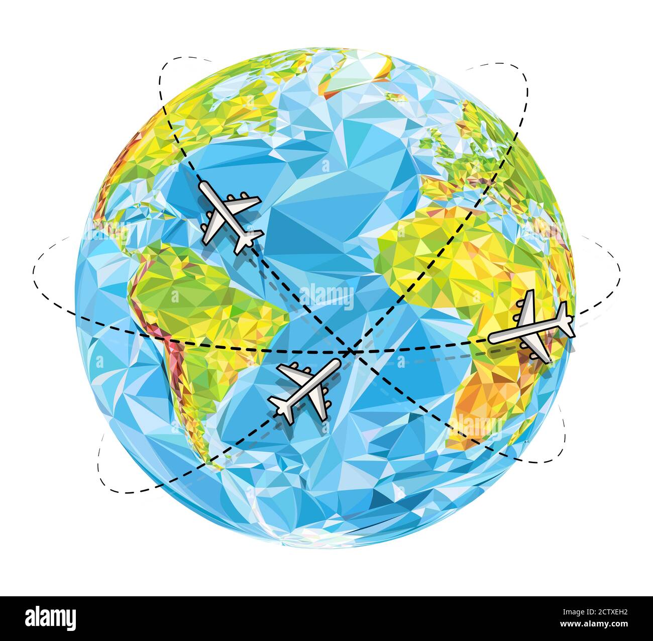 Vector abstract polygonal Earth planet with flying airplanes. Travel ...