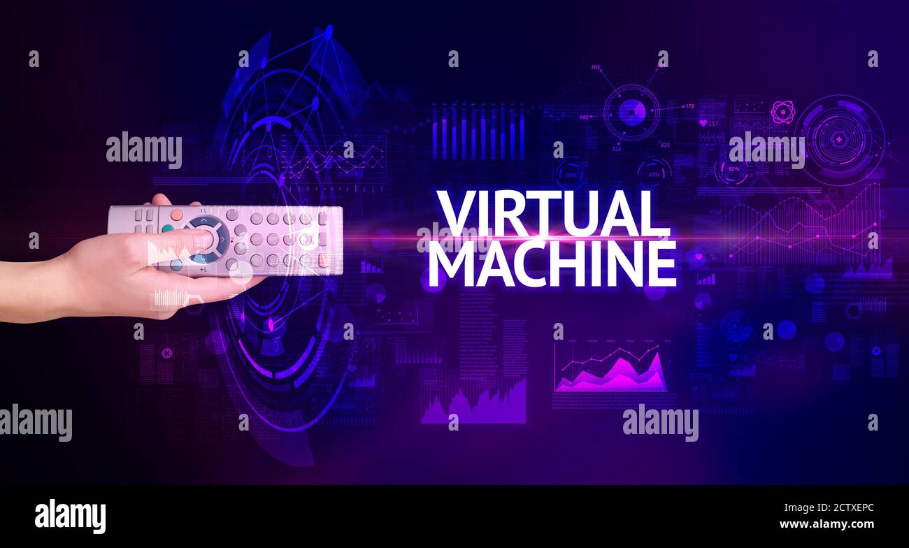 hand holding wireless peripheral with VIRTUAL MACHINE inscription ...