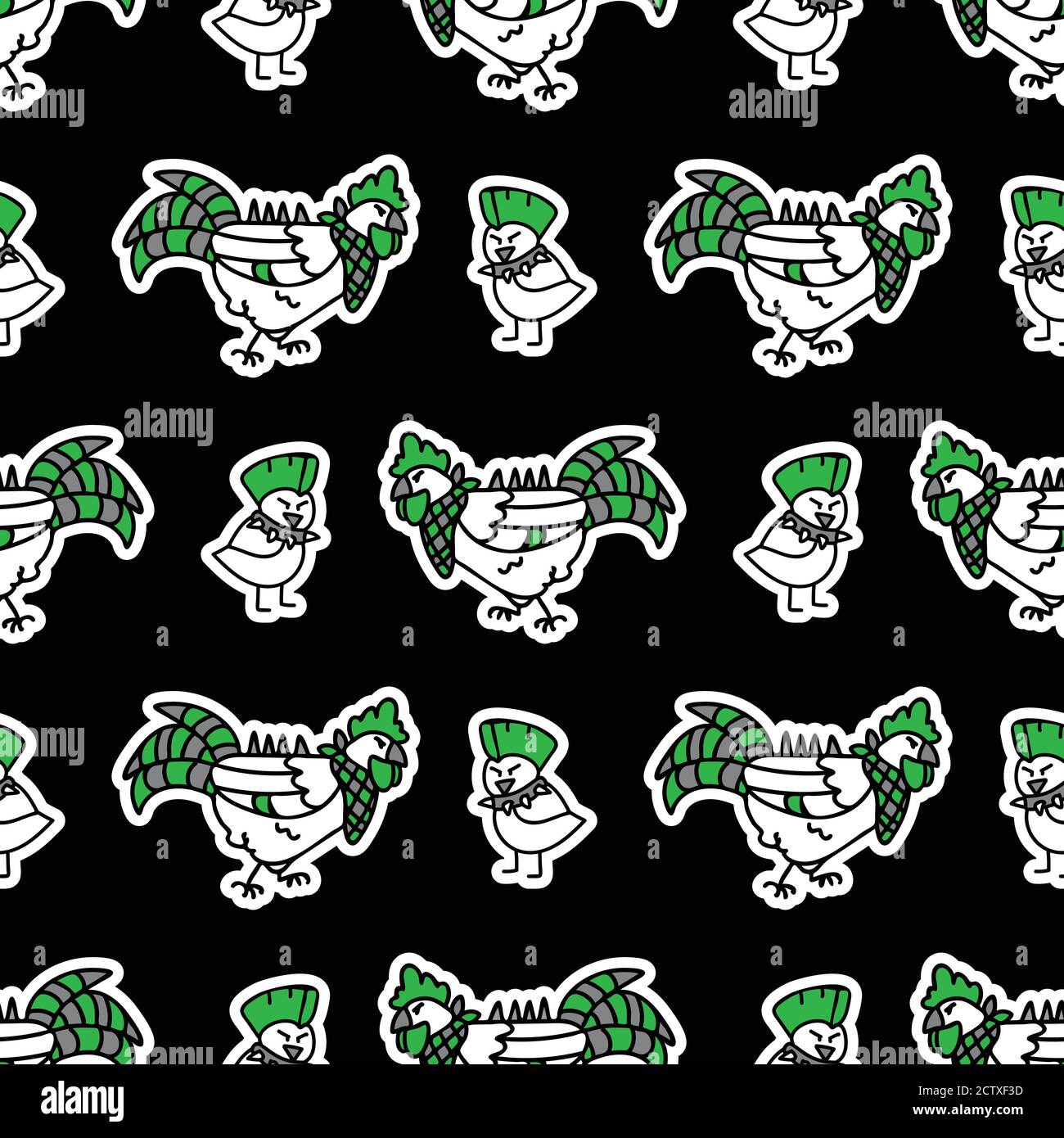 Cute punk rock chicken and chick on black background vector pattern ...
