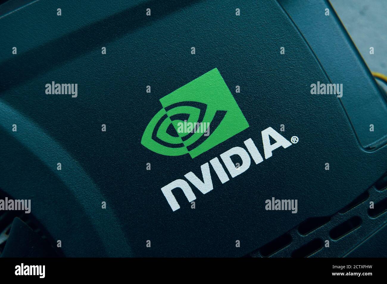 Close up shot of Nvidia brand logo on video card GPU. Top view. Bishkek ...