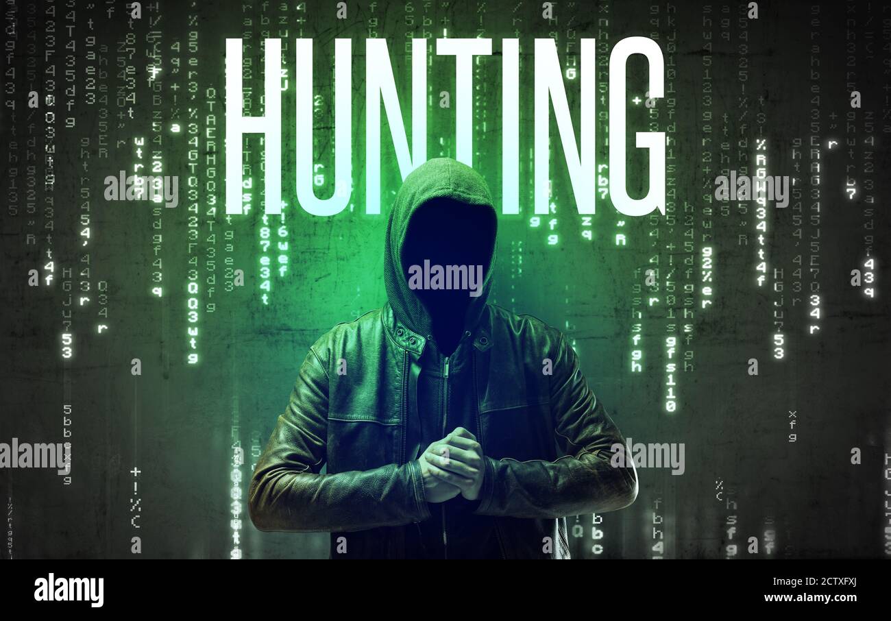 Faceless hacker with HUNTING inscription, hacking concept Stock Photo ...