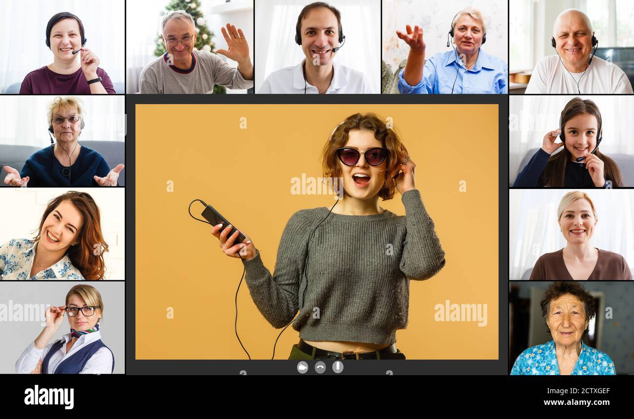 Multiethnic business team having discussion in video call. Rear view of ...
