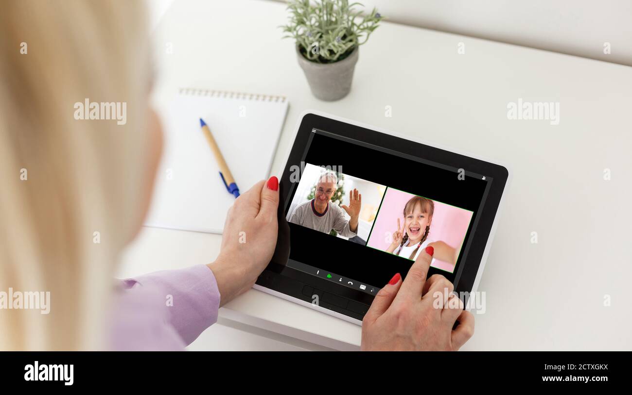 Many portraits faces of diverse young and aged people webcam view ...