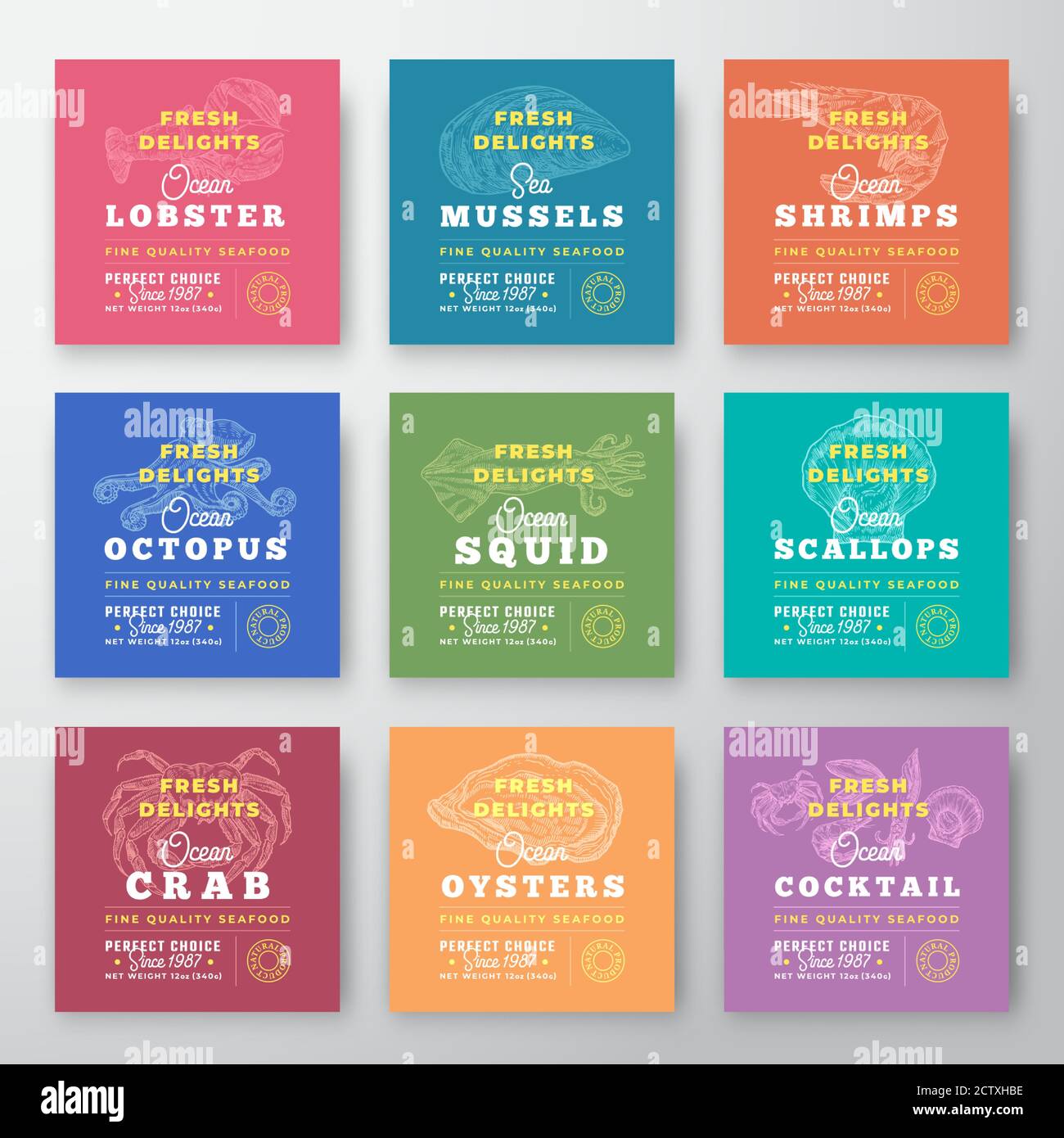 Fresh Seafood Delights Premium Quality Labels Bundle. Abstract Vector ...