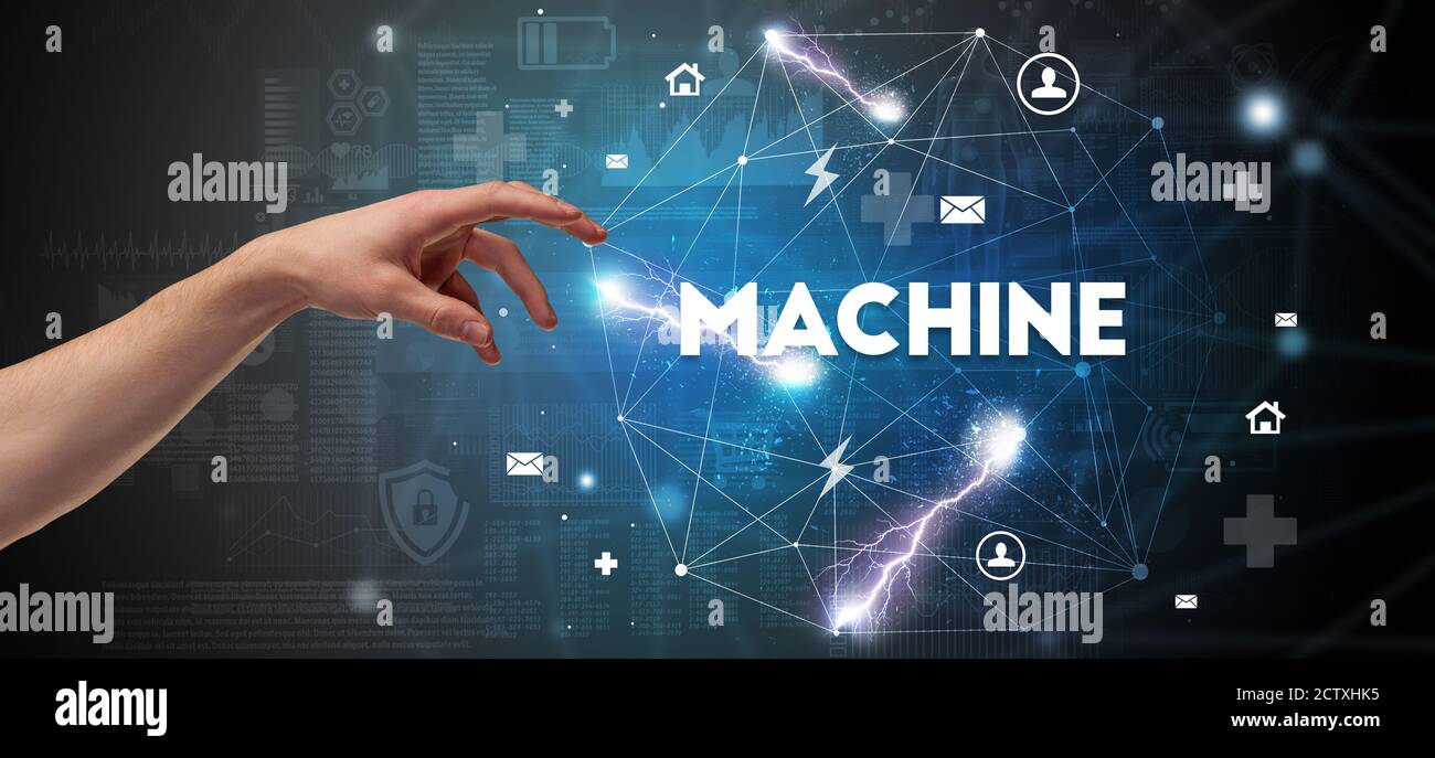 Hand pointing at MACHINE inscription, modern technology concept Stock ...