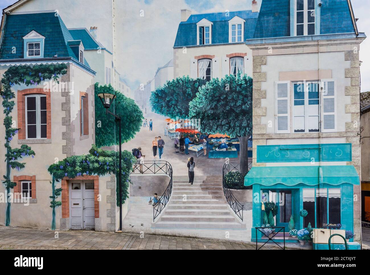 Large street mural in the Place du Marché, La Souterraine, Creuse (23 ...