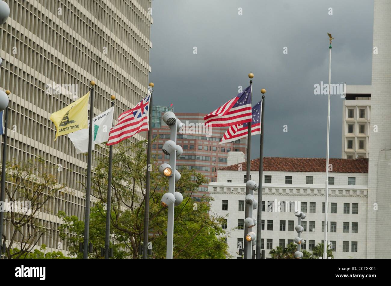 City scape of flag park and LA city government hub, city hall and ...