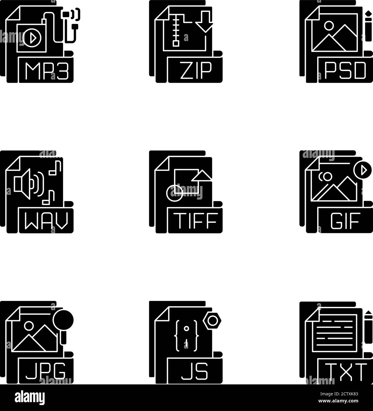 File formats black glyph icons set on white space Stock Vector Image ...