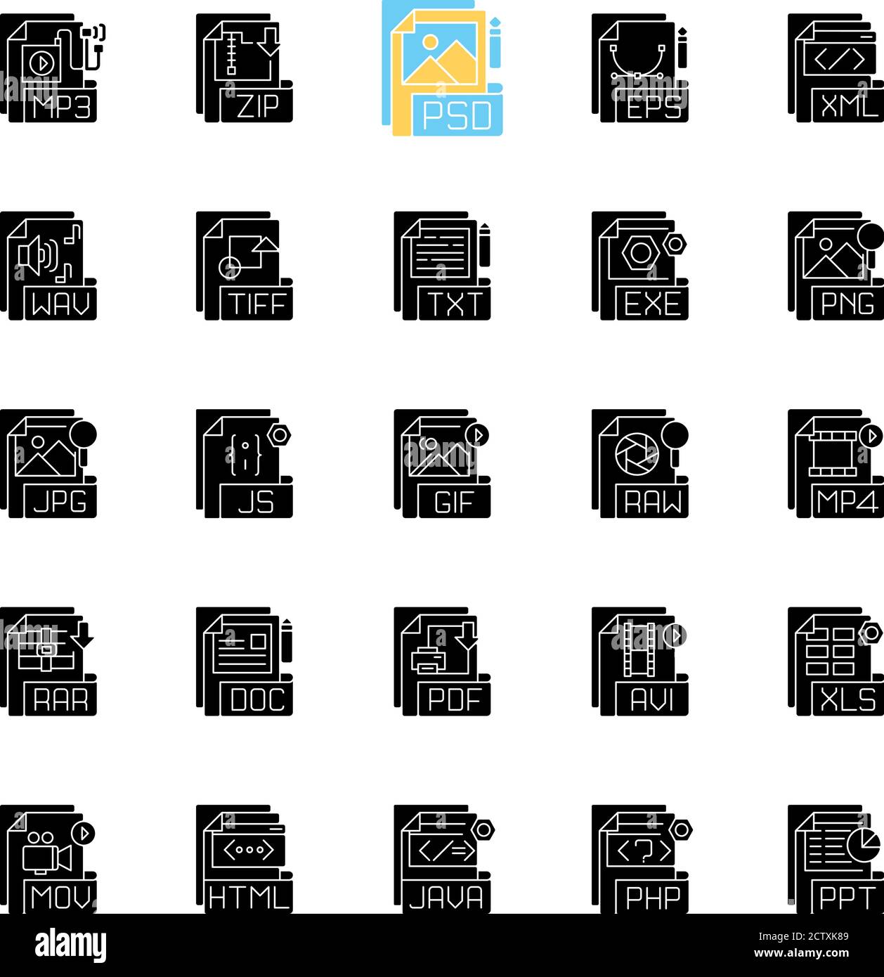 File extensions black glyph icons set on white space Stock Vector Image ...