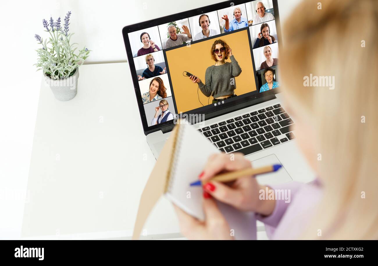 Headshot screen application view of diverse multiracial employees have ...