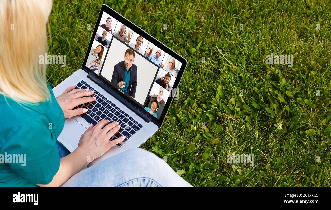 Many portraits faces of diverse young and aged people webcam view ...