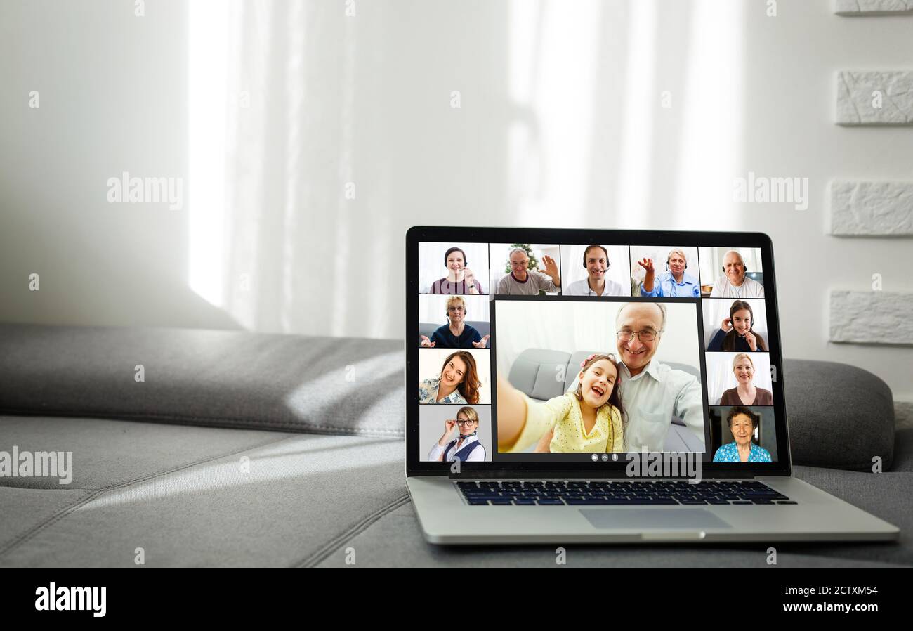 Many portraits faces of diverse young and aged people webcam view ...