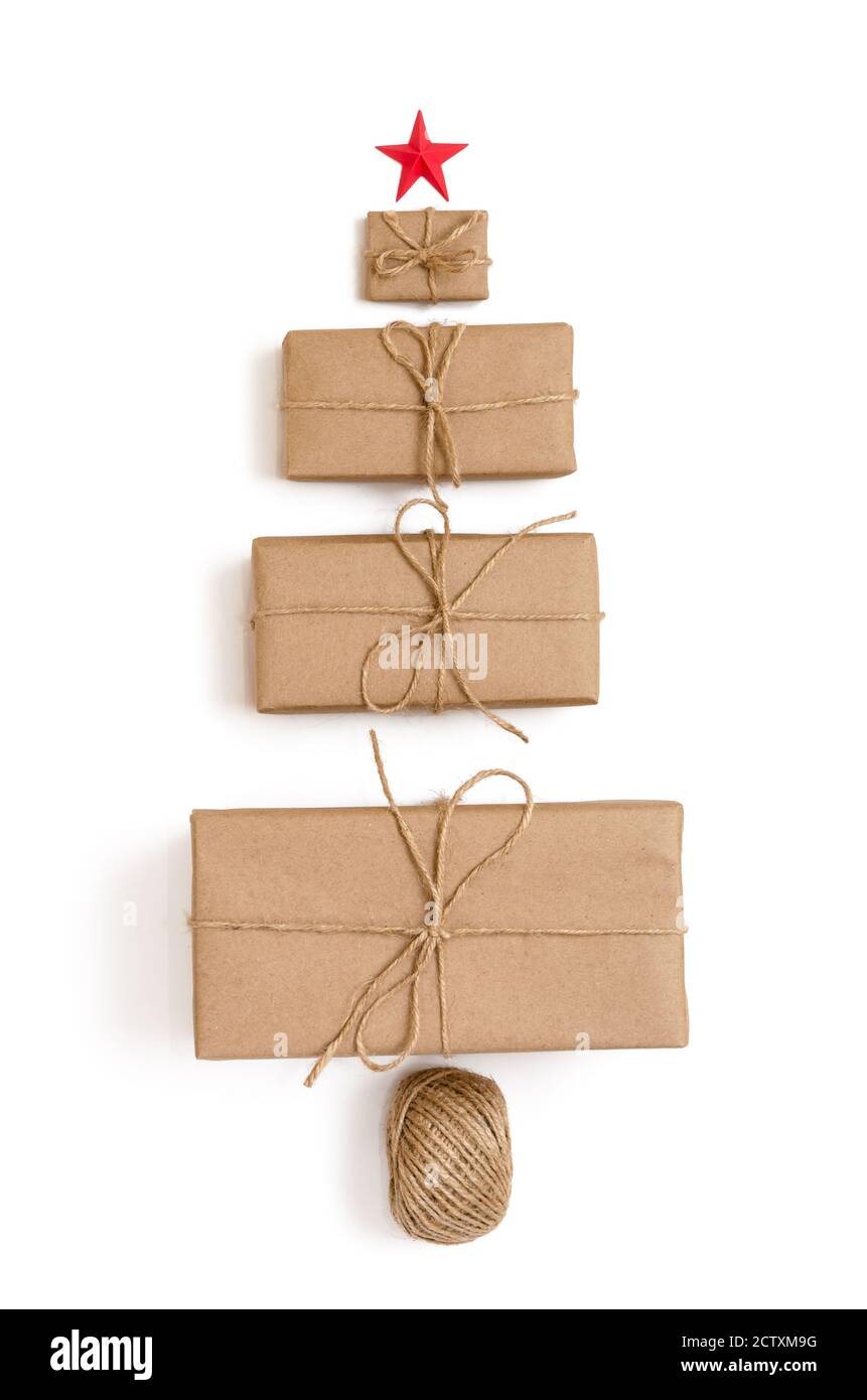 Christmas tree made of gift boxes wrapped in brown kraft paper and tied ...