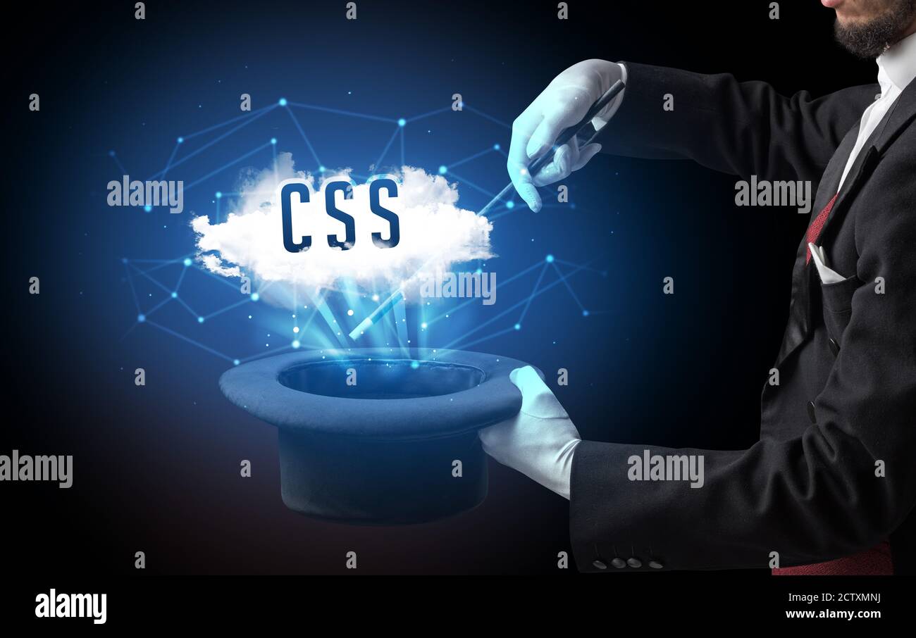 Magician is showing magic trick with CSS abbreviation, modern tech ...