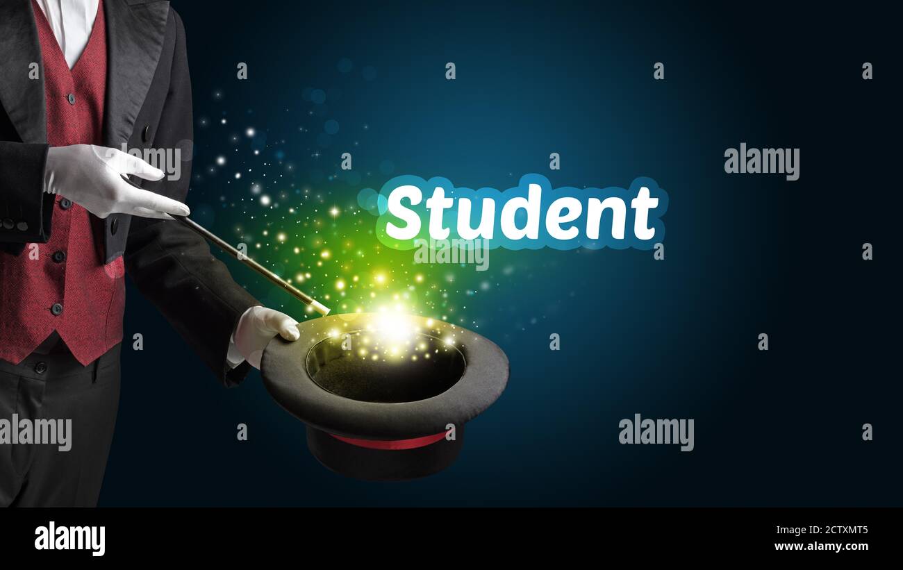 Magician is showing magic trick with Student inscription, educational ...
