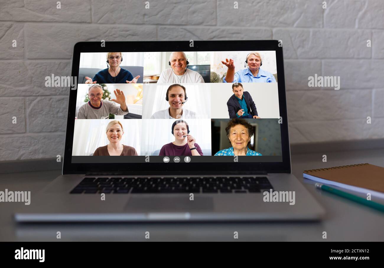 Many portraits faces of diverse young and aged people webcam view ...