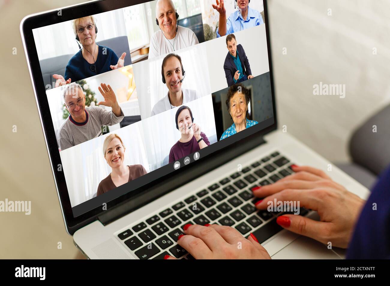 Many portraits faces of diverse young and aged people webcam view ...