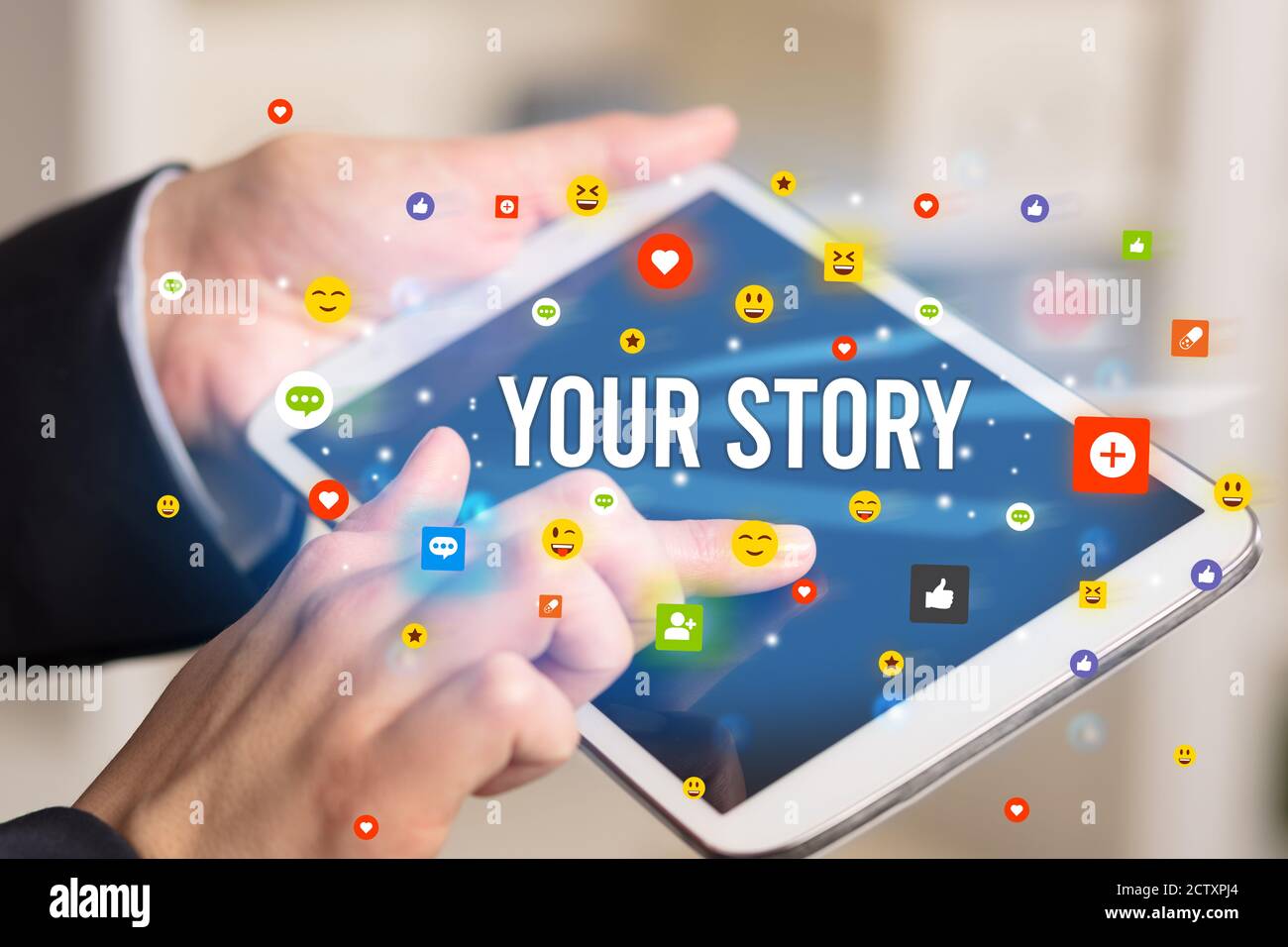 Close up of business person playing multimedia with social media icons ...