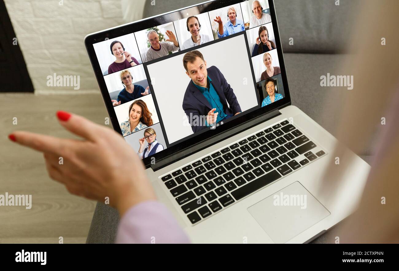 Many portraits faces of diverse young and aged people webcam view ...