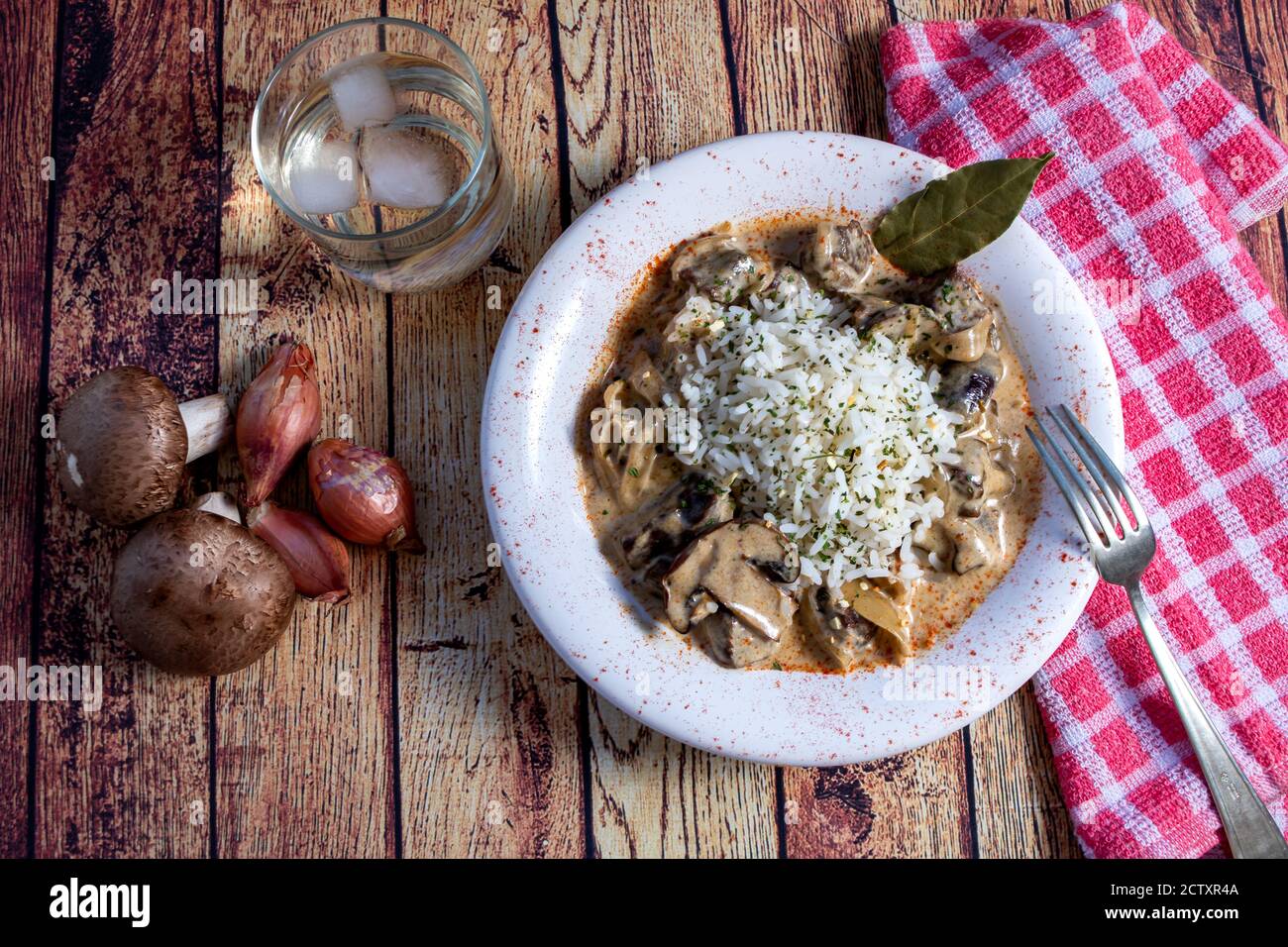 Mushroom beef stroganoff, with cremini and champignons, in a frying pan ...