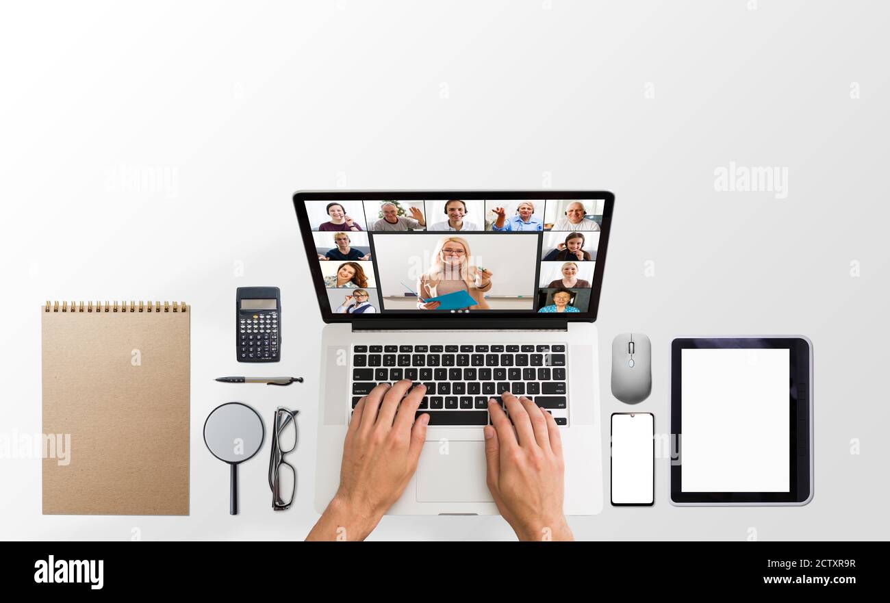 Many portraits faces of diverse young and aged people webcam view ...