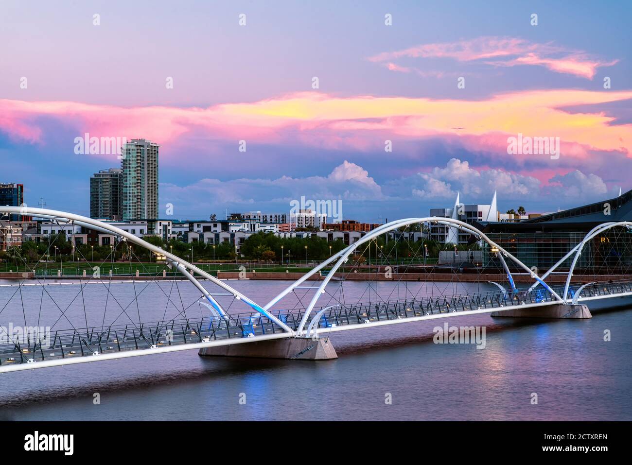 Monsoon clouds over the pedestrian bridge at Tempe Town Lake in Tempe ...