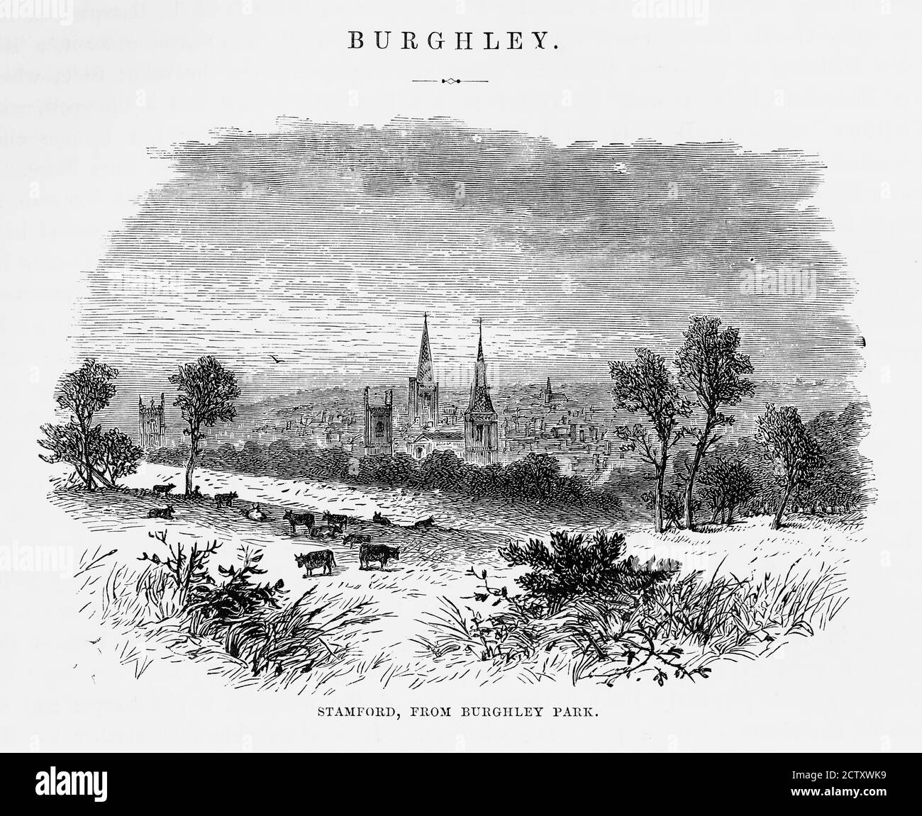 Stamford, From Burghley Park, England Victorian Engraving, Circa 1840 ...