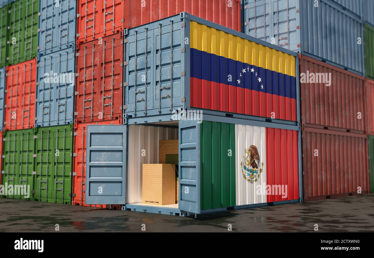 Stacks of Freight containers. Mexico and Venezuela flag. 3D Rendering ...