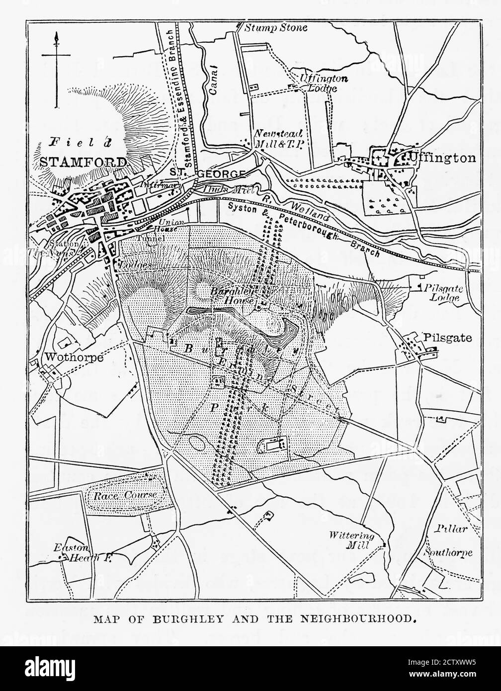 Map of Burghley and Neighborhoods, England Victorian Engraving, 1840 ...