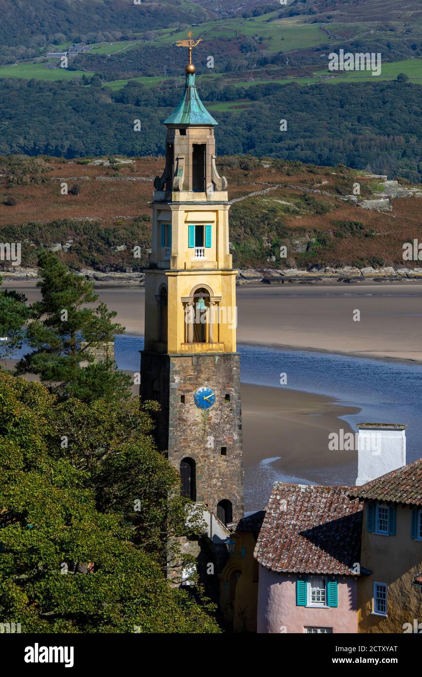 A view of the Bell Tower in the village of Portmeirion in North Wales ...