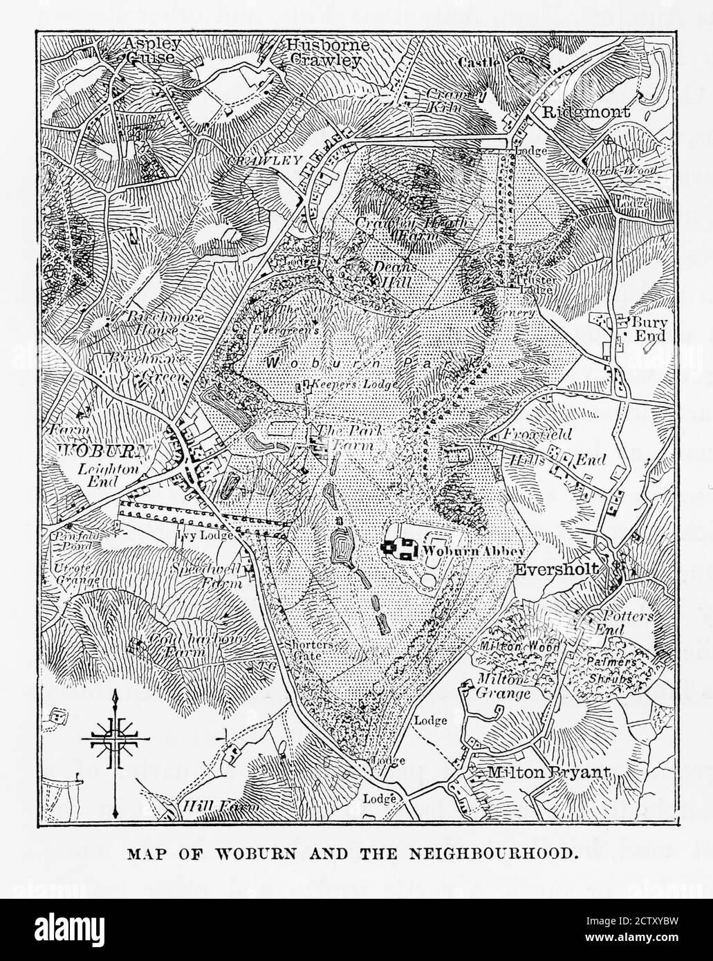 Map of Woburn and Neighborhoods, England Victorian Engraving, Circa ...