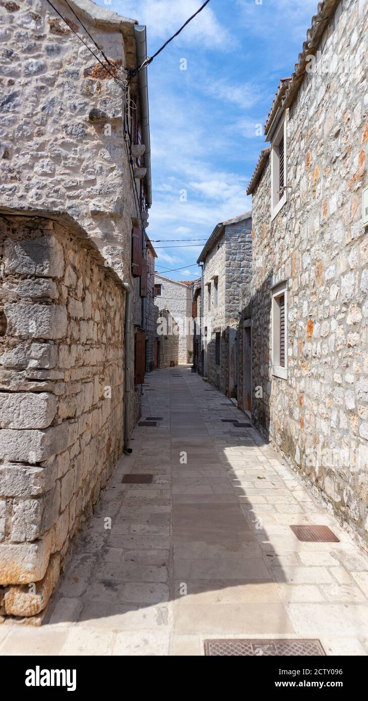 Stari Grad/ Croatia-August 7th, 2020: Narrow stone streets of oldest ...