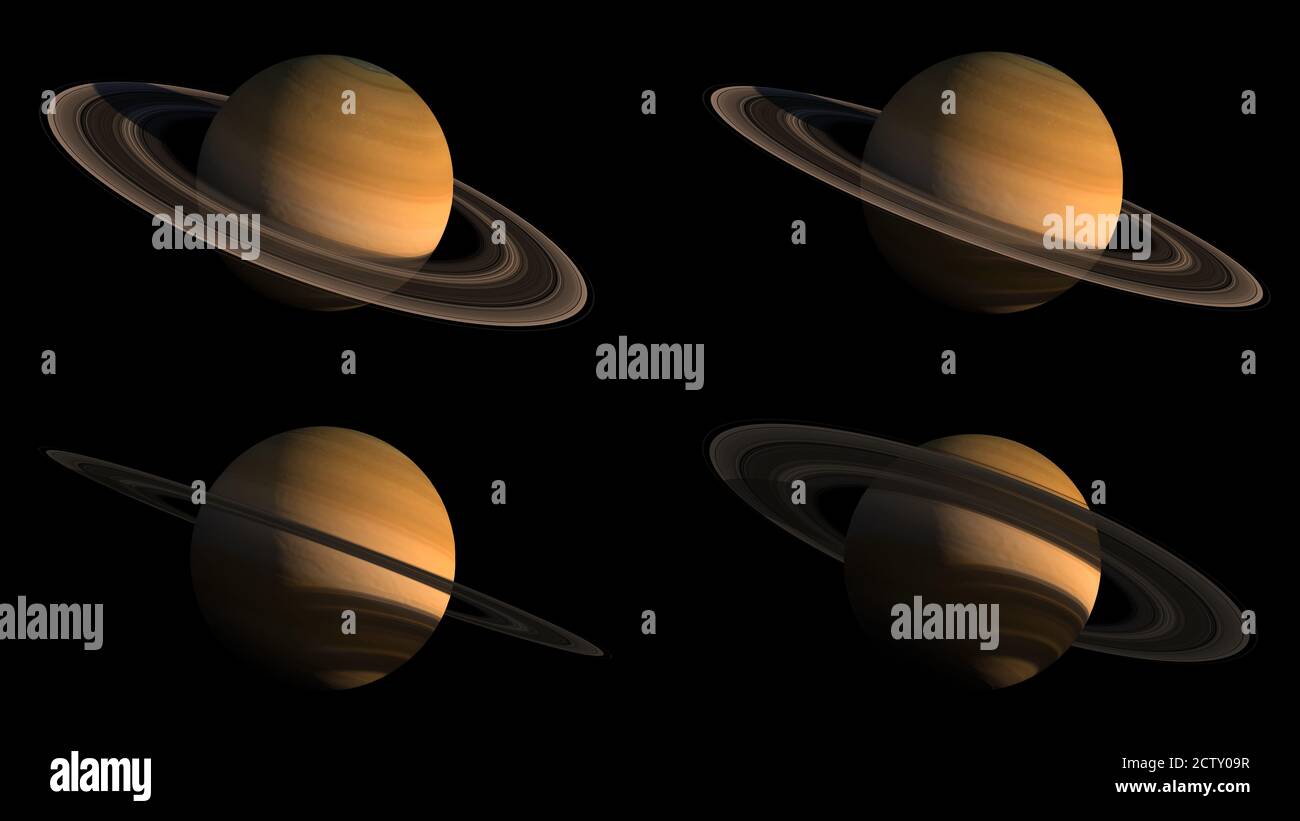 3D renderings of the Saturn planet on black, from several angles with ...