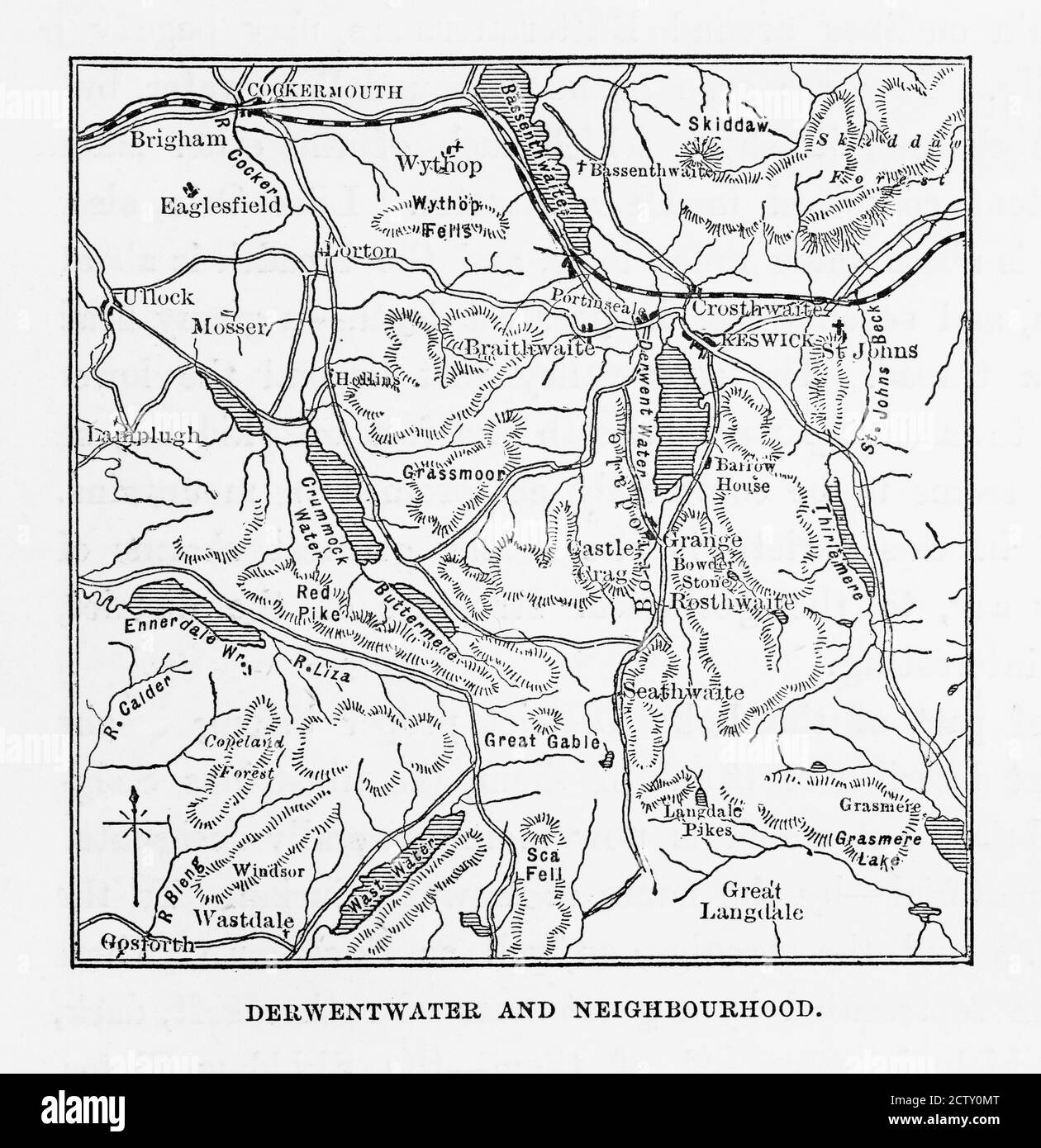 Map of Derwent Water, Keswick, England Victorian Engraving, 1840 Stock ...