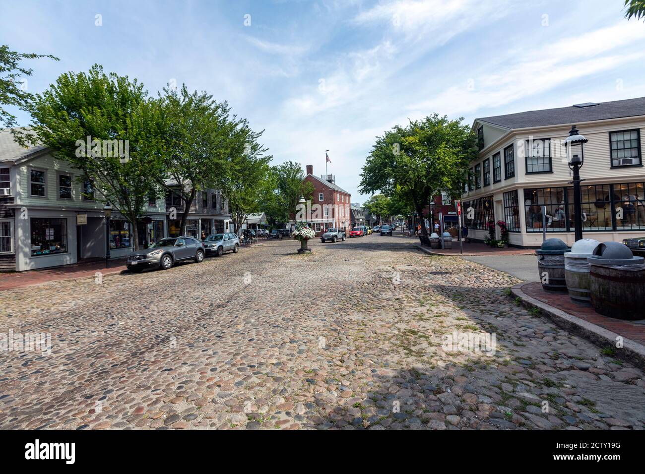 The cobblestone Main Street in historic downtown Nantucket, Nantucket ...