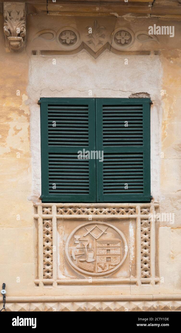 Traditional masonic reliefs carved into a masonic building in Spain ...