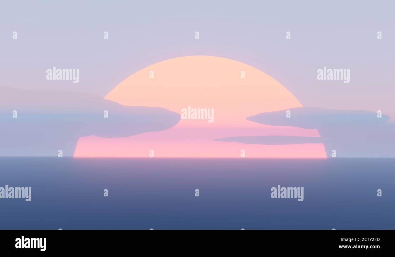 sun setting over clouds, evening sunset background, 3d illustration ...